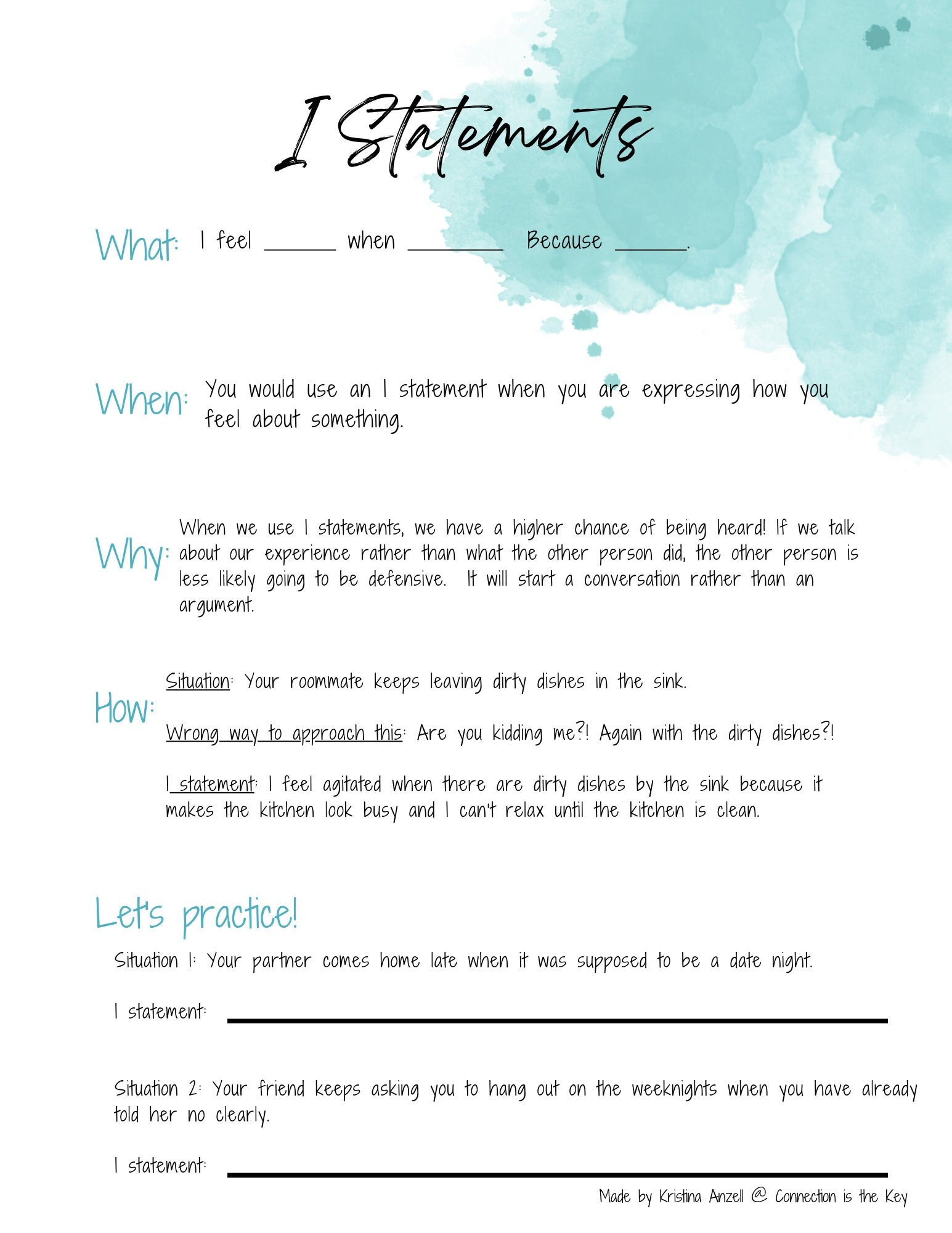 I Statements Worksheet - Etsy