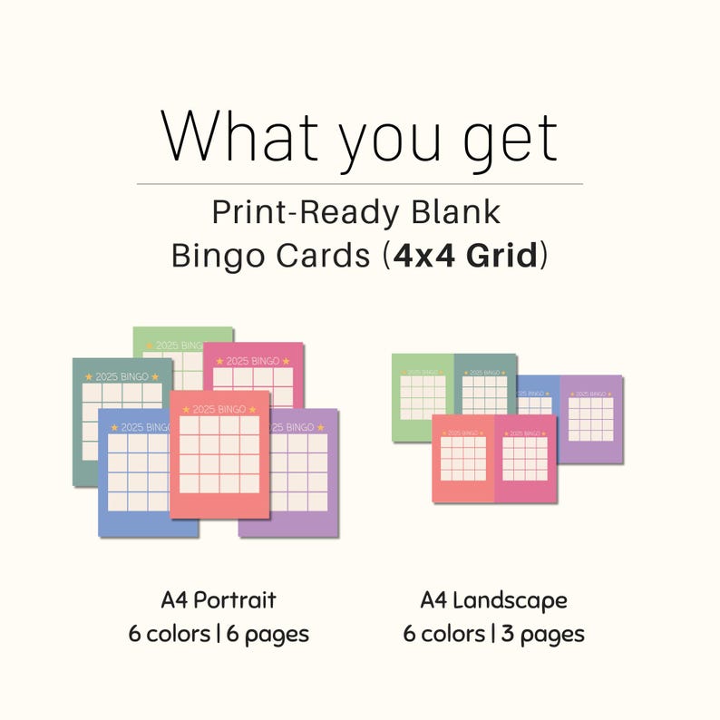 Bingo Card 4x4 5x5 Grid Blank Template 2025 New Year Goals Plans ...