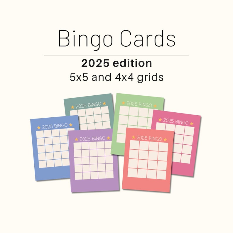 Bingo Card 4x4 5x5 Grid Blank Template 2025 New Year Goals Plans ...