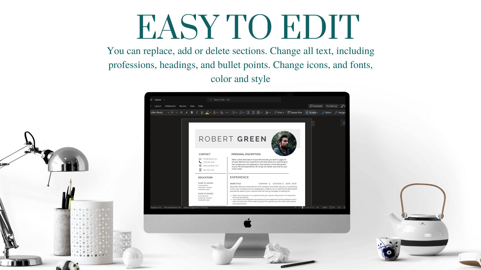 Professional Resume / CV Template Editable on Word Pages and - Etsy
