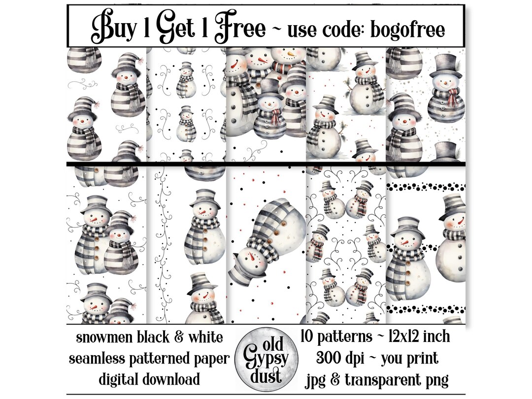 Seamless Repeating Patterns Snowman Black White Plaid 12x12 Inch for ...