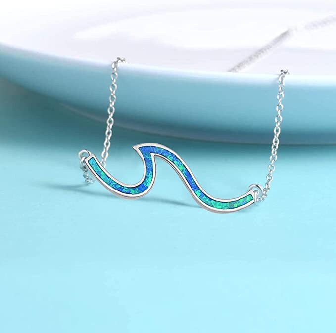 Ocean Wave Necklace, Blue Opal Pendant, 925 Sterling Silver, Beach ...