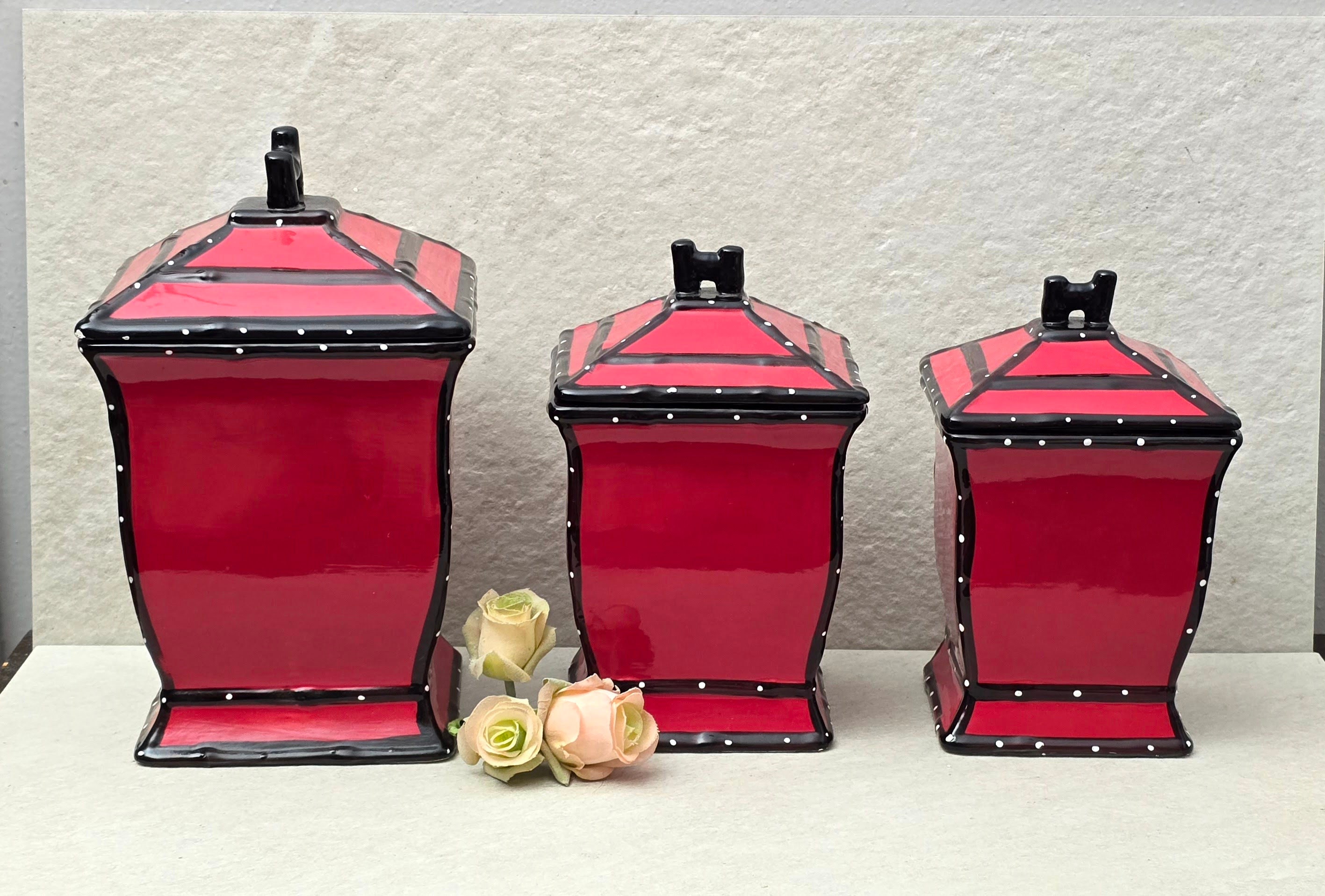 Vintage Casa Vero Red and Black White Polka Dot Trim Ceramic Canister ...