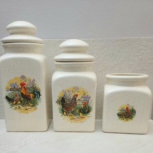 Vintage 1970's Rooster/chicken Ceramic Two Canisters With One Utensil ...