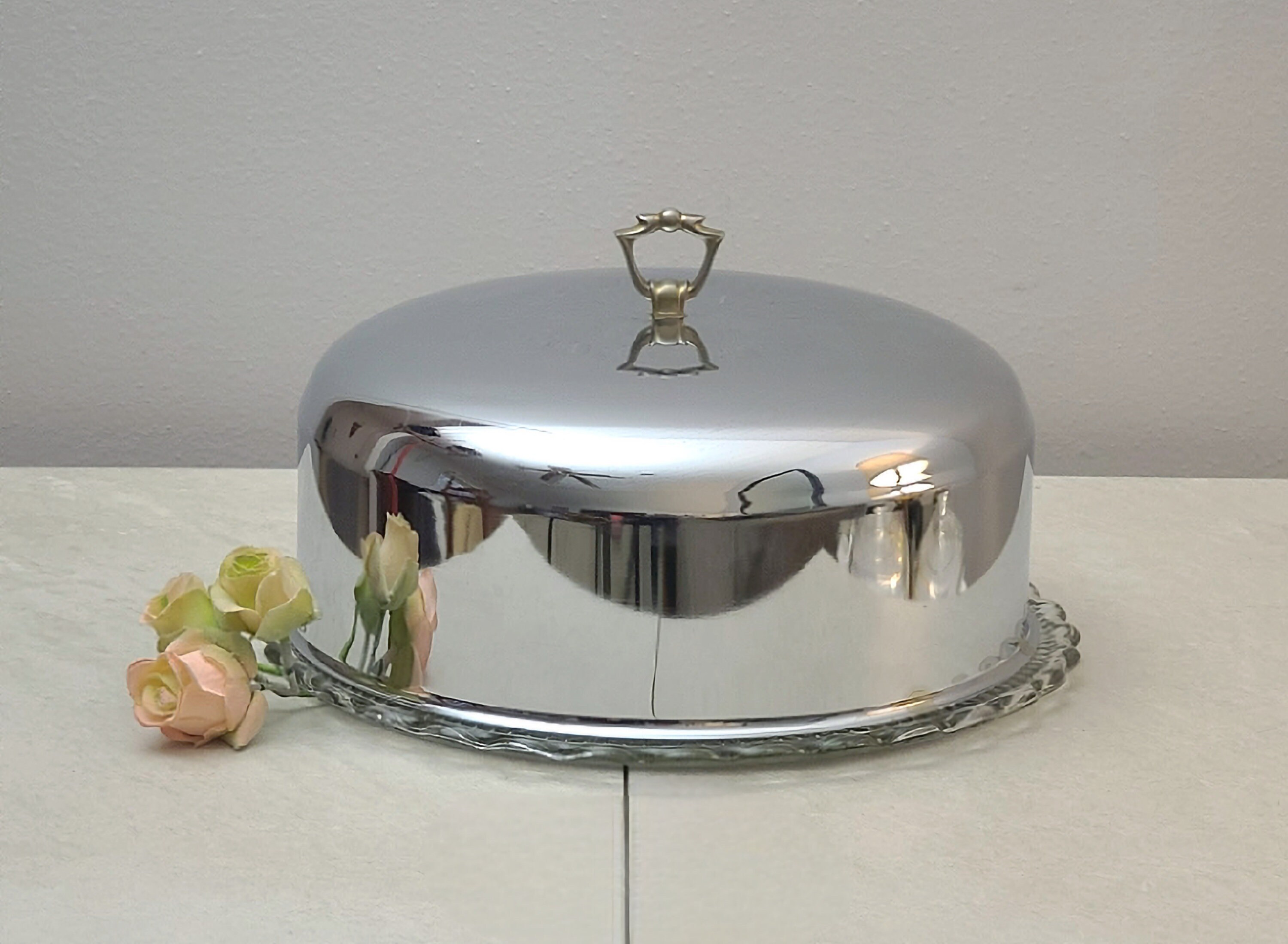Vintage 1970's KROMEX Chrome Brass Handle Cake Cover With Etched Glass ...