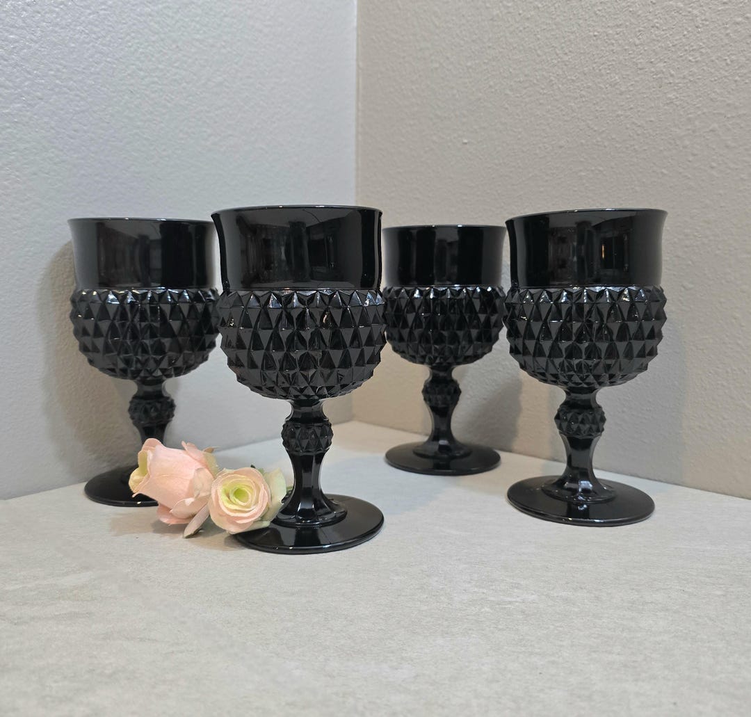 Vintage TIARA Cameo Black Diamond Point Goblets by Indiana Glass, Set ...