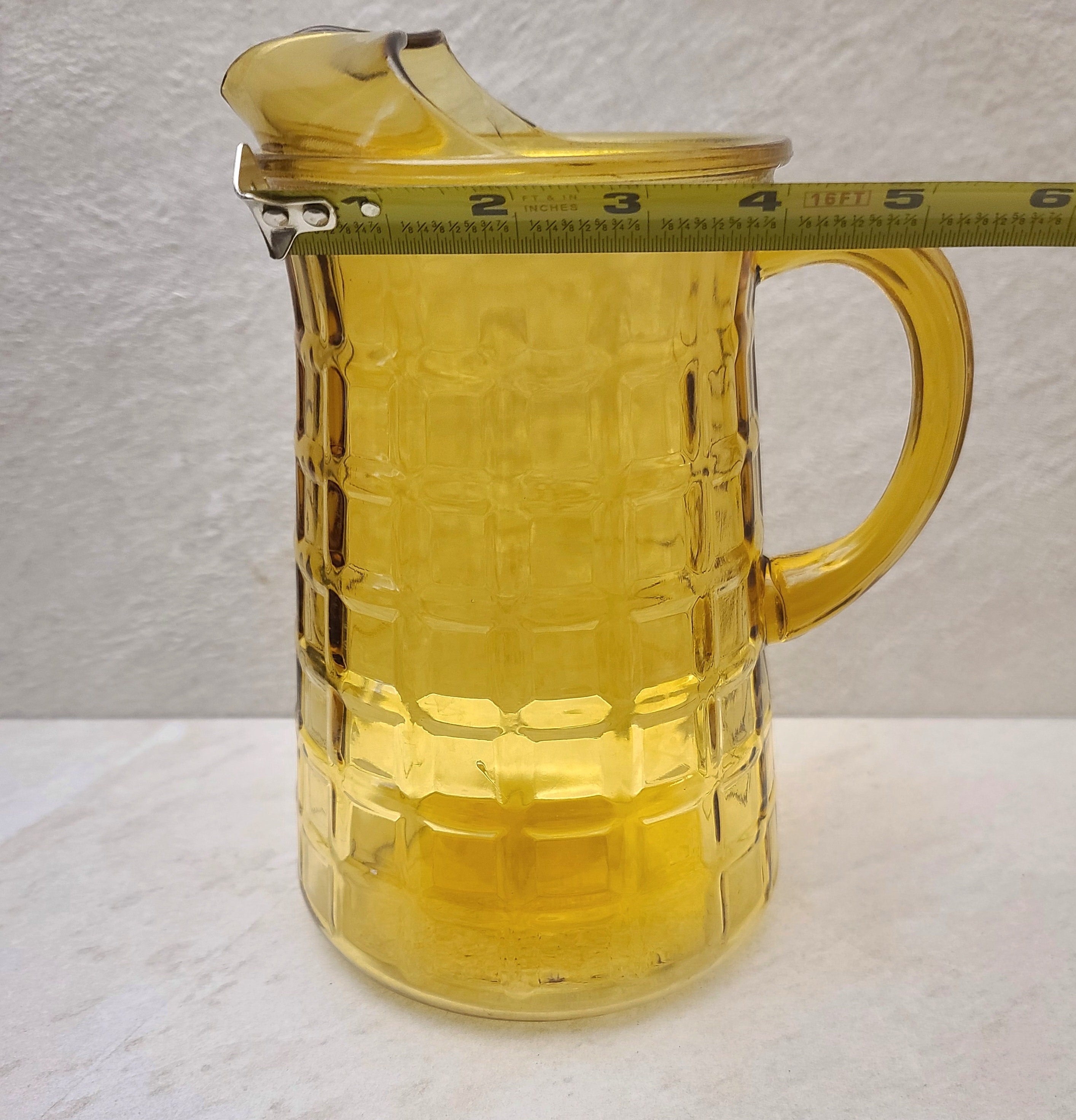 Vintage Amber Glass Block Design Ice Lip Serving Pitcher With 6 Glasses ...