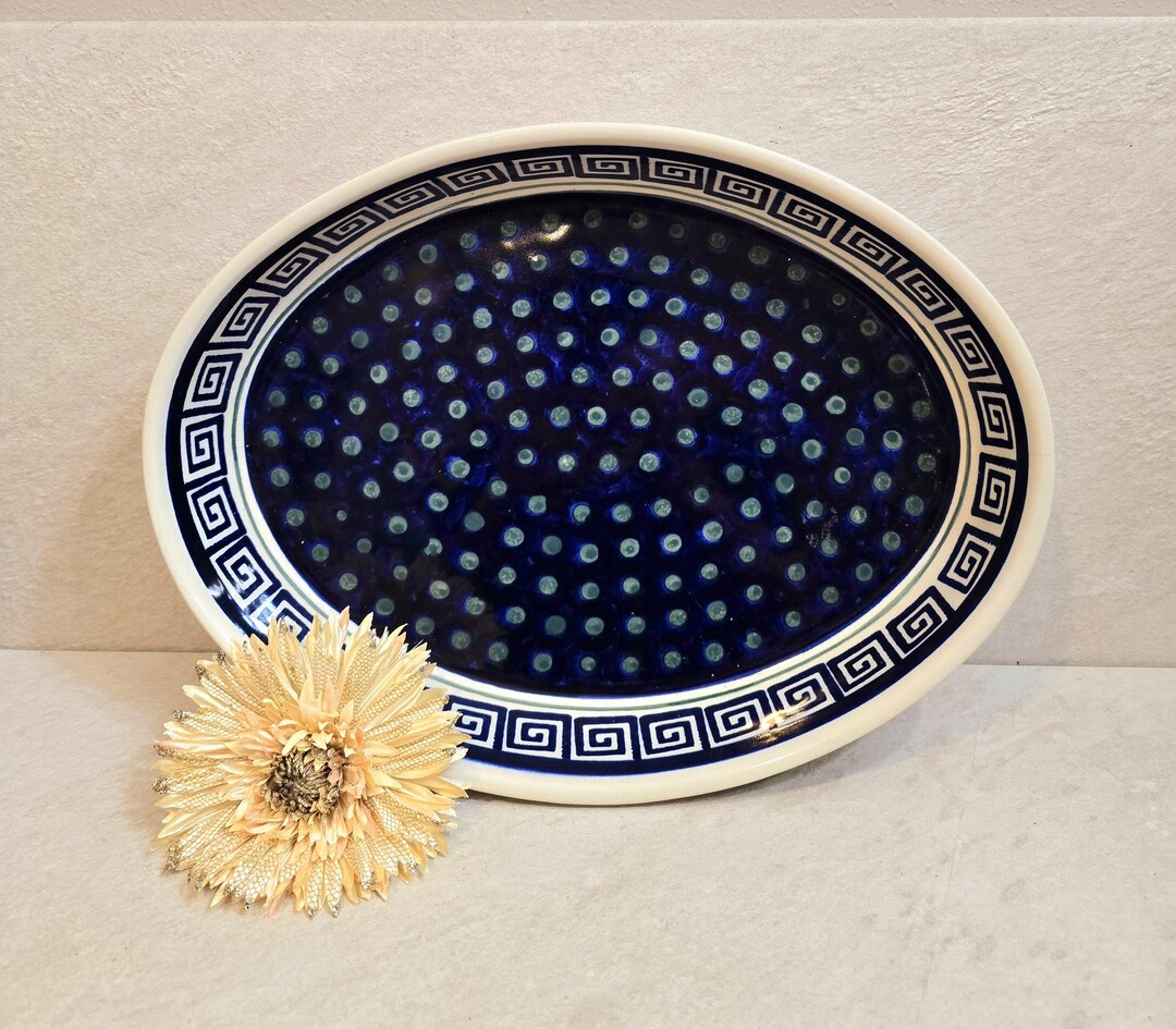 Vintage Boleslawiec Polish Pottery Greek Key Pattern Large Oval Baker ...
