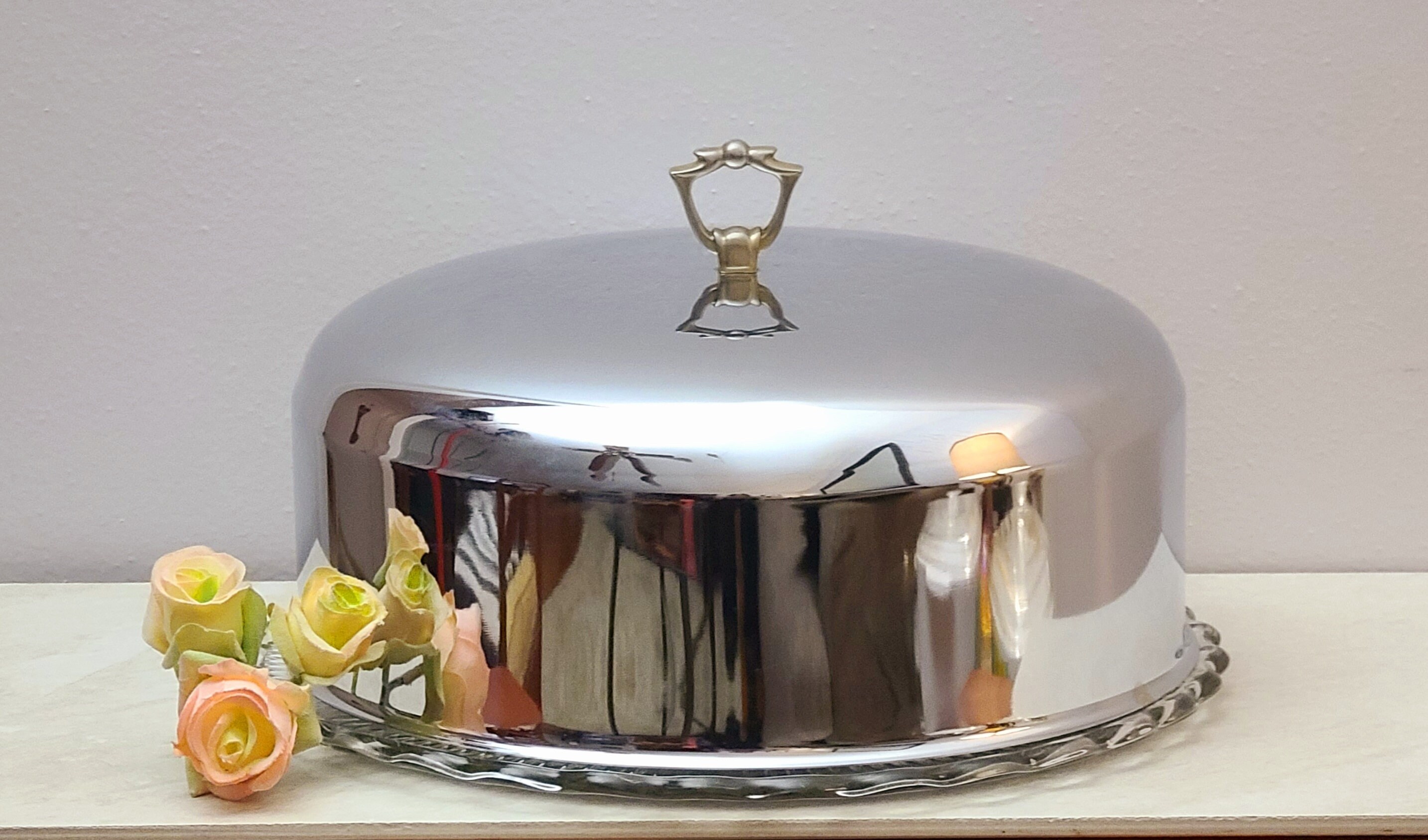 Vintage 1970's KROMEX Chrome Brass Handle Cake Cover With Etched Glass ...