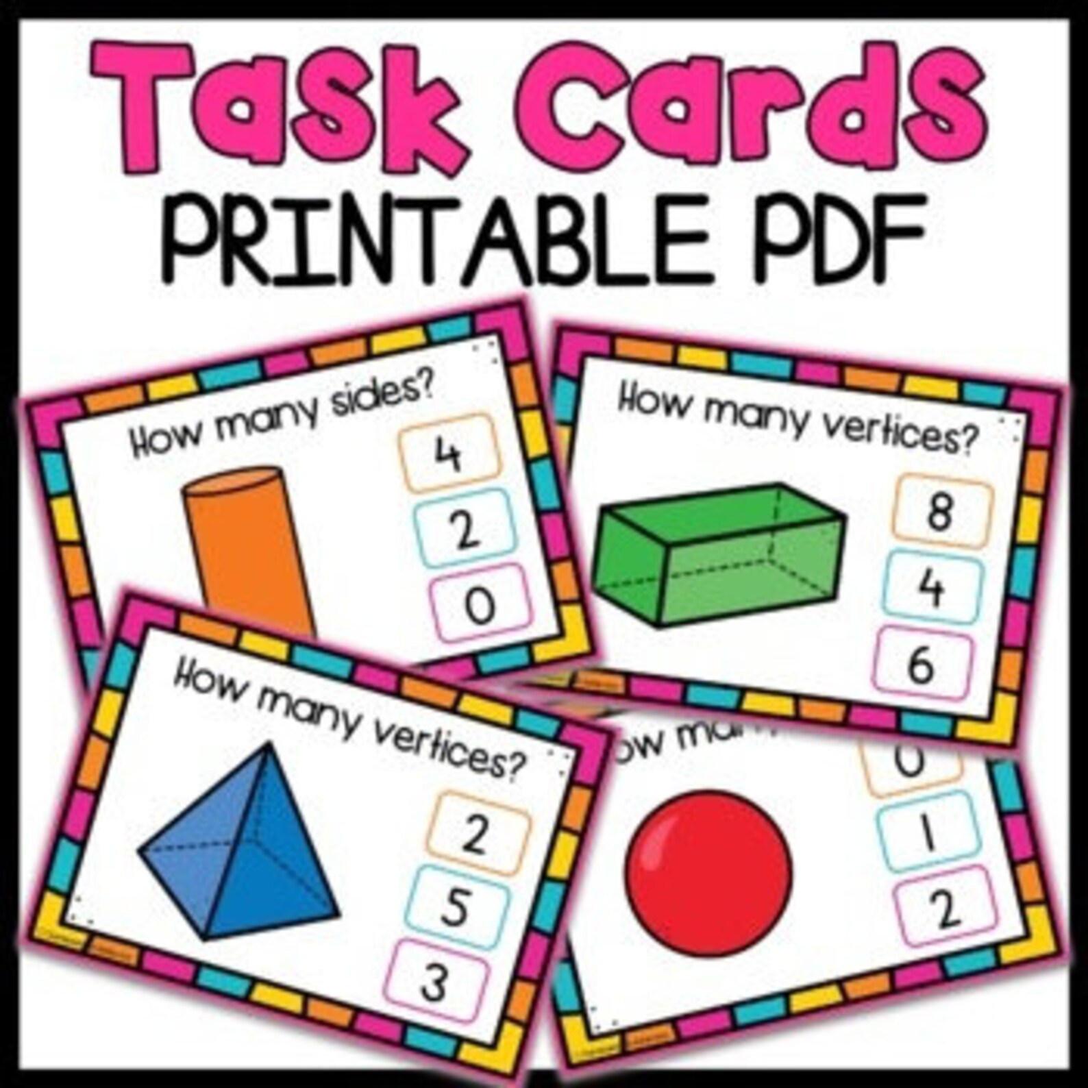 3D Shapes Attributes Count Sides and Vertices Task Cards | 3D Shapes ...