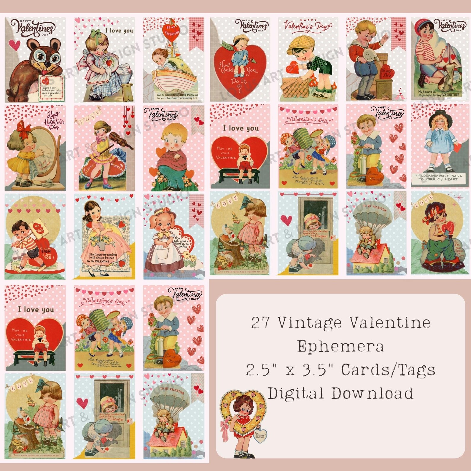 Printable Valentine's Day Cards, Tag, Instant Download, 2.5" X 3.5" ATC ...