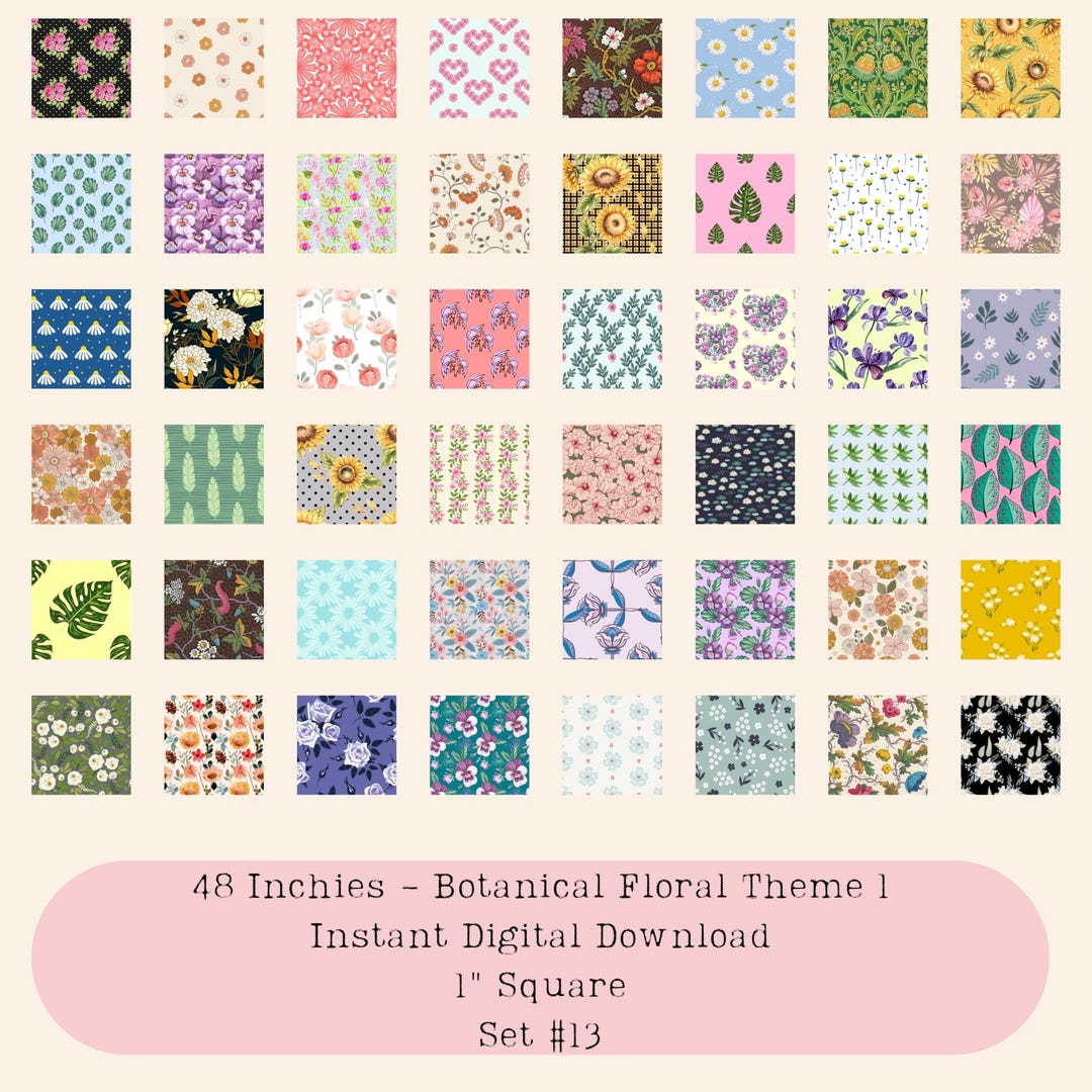 Printable Inchies Sheet, 48 Flower Botanical Theme, 1 Inch, 1" Square ...