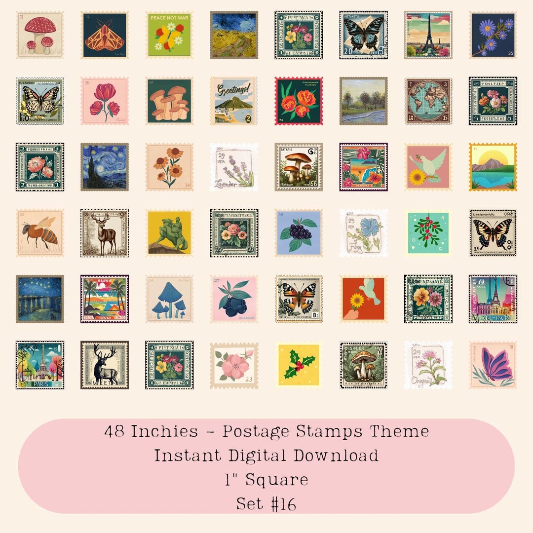 Printable Inchies Sheet, 48 Postage Stamp Theme, 1 Inch, 1" Square, 1x1 ...
