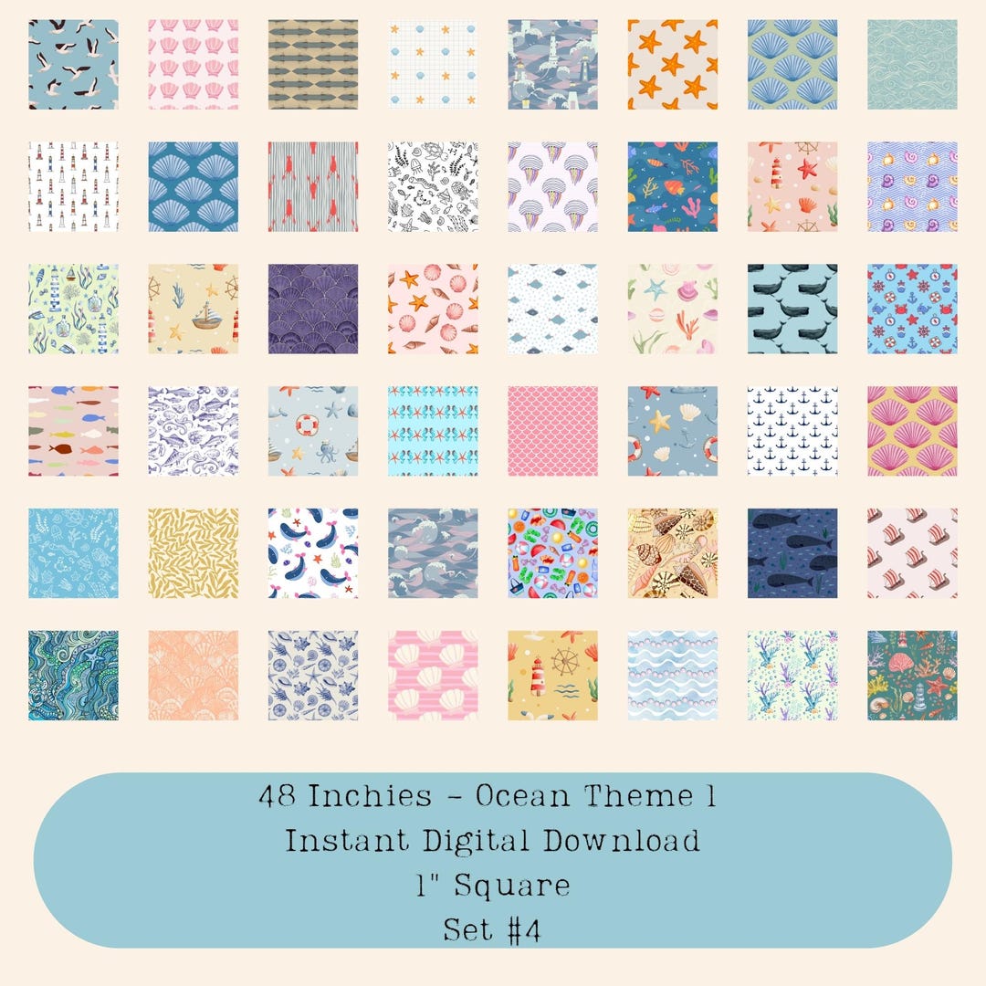 Printable Inchies Sheet, 48 Ocean Beach Theme, 1 Inch, 1" Square, 1x1 ...