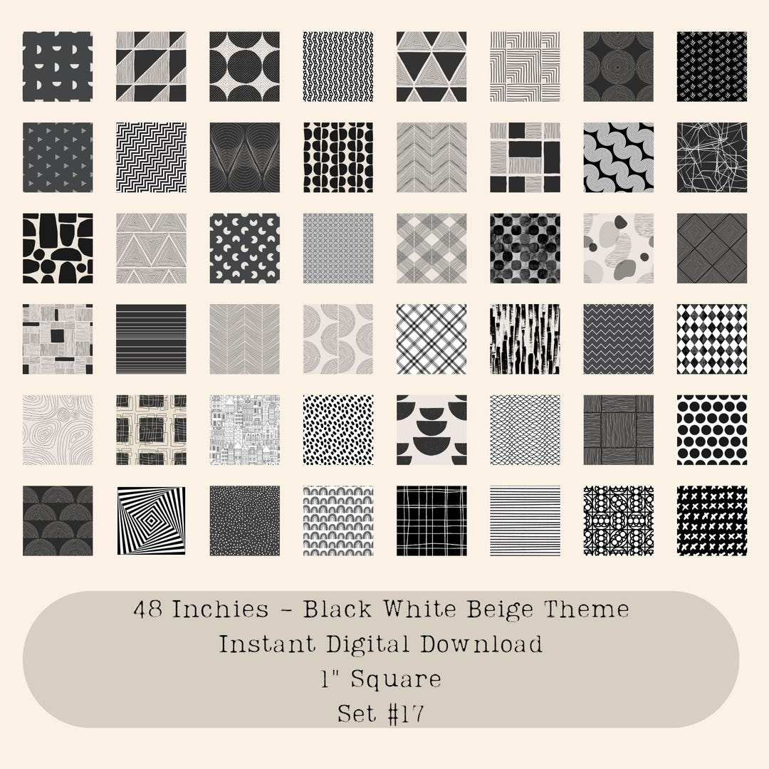 Printable Inchies Sheet, 48 Black White Beige Theme, 1 Inch, 1" Square ...