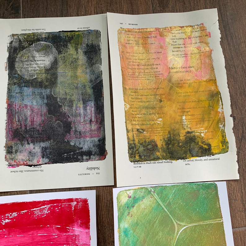 12 Gelli Prints Original Art on Book Pages, Black Mixed Media Paper ...