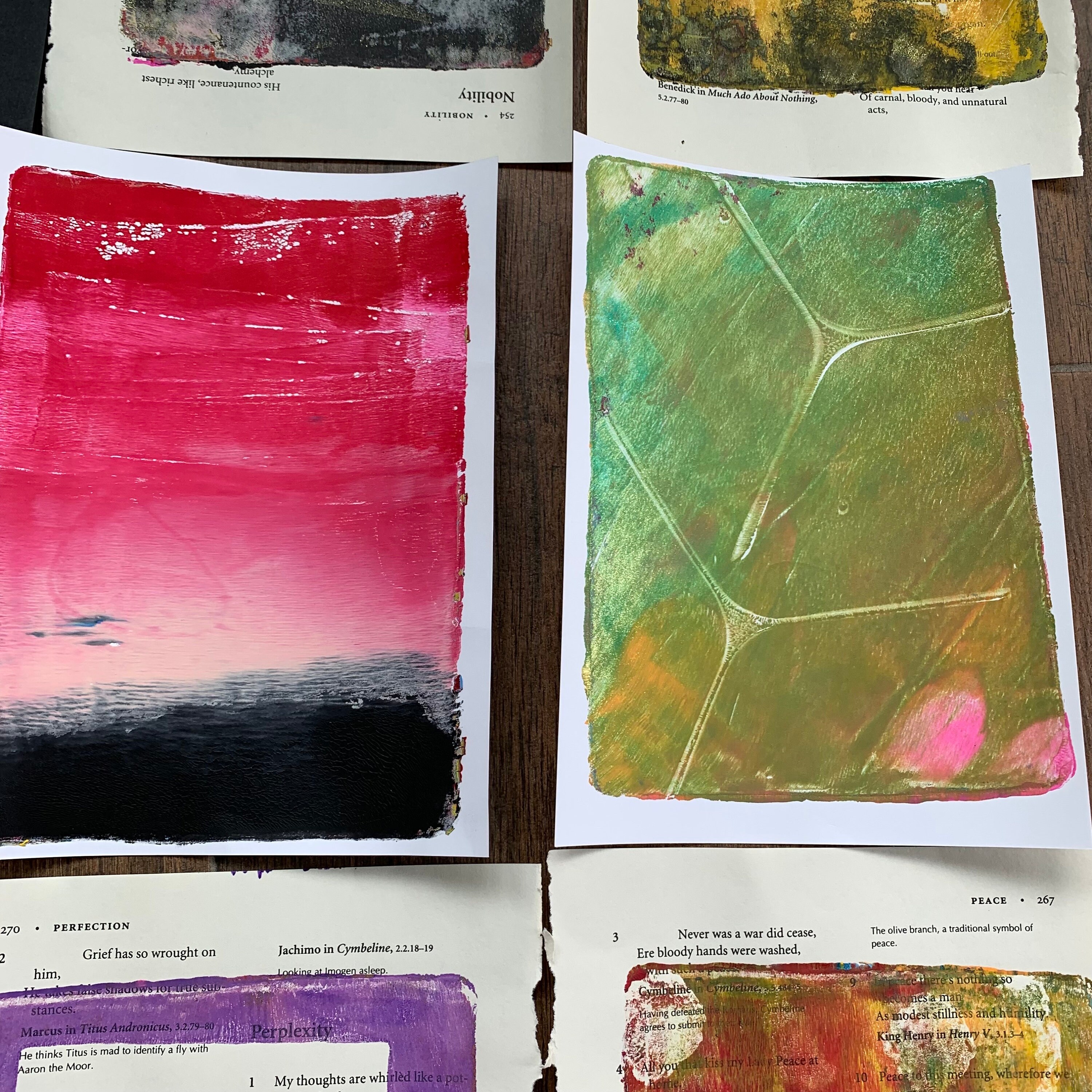 12 Gelli Prints Original Art on Book Pages, Black Mixed Media Paper ...