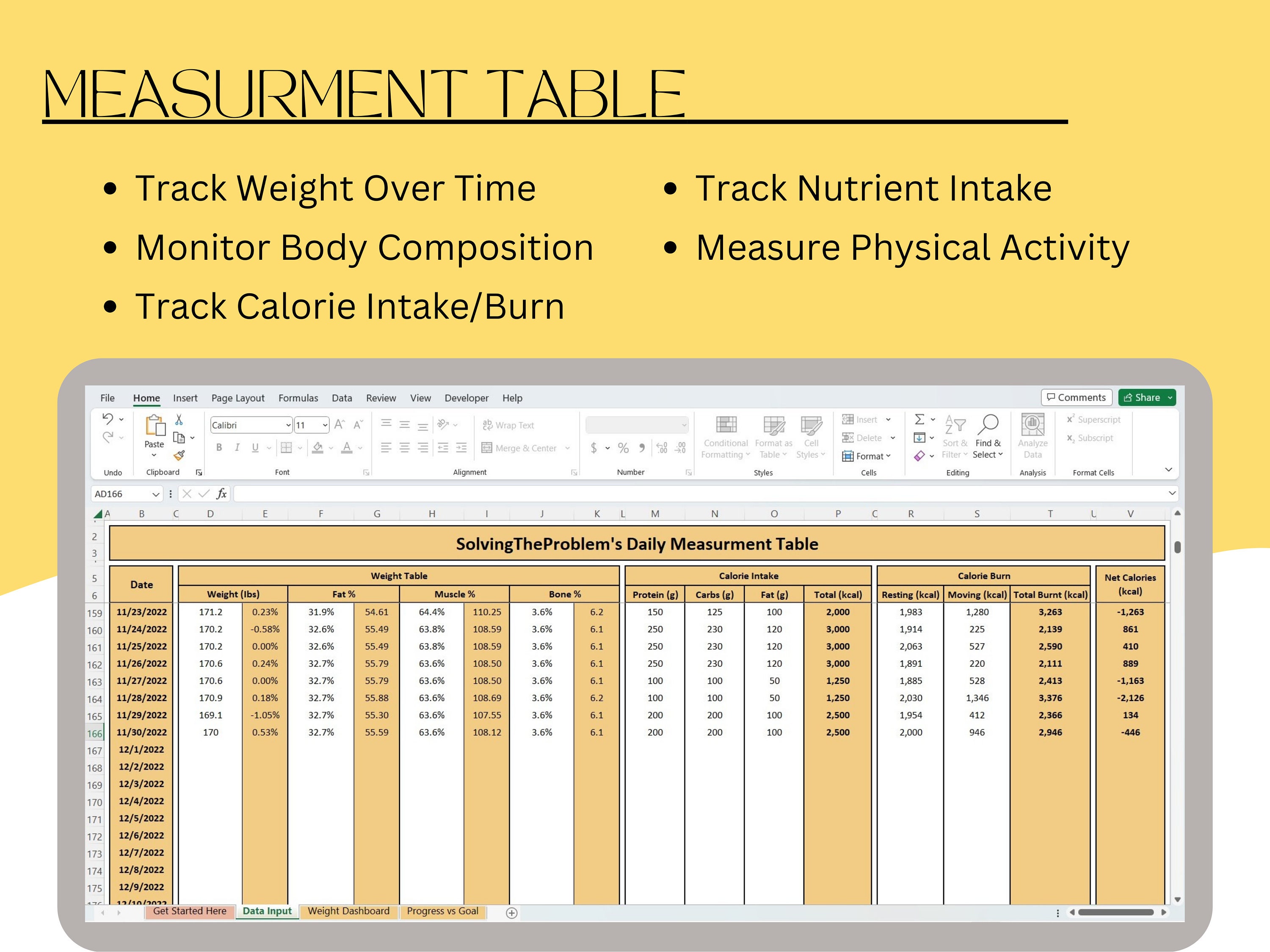 Yellow Weight Loss Tracker & Fitness Template, User Friendly Excel ...