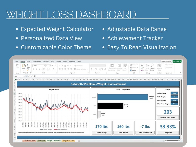 Blue Weight Loss Tracker and Fitness Template, User Friendly Excel ...