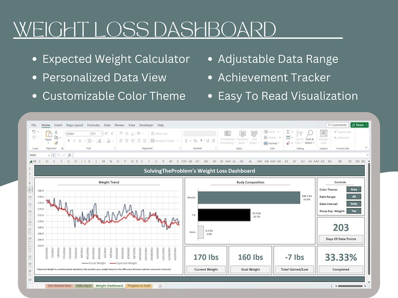 Gray Weight Loss Tracker and Fitness Template, User Friendly Excel ...