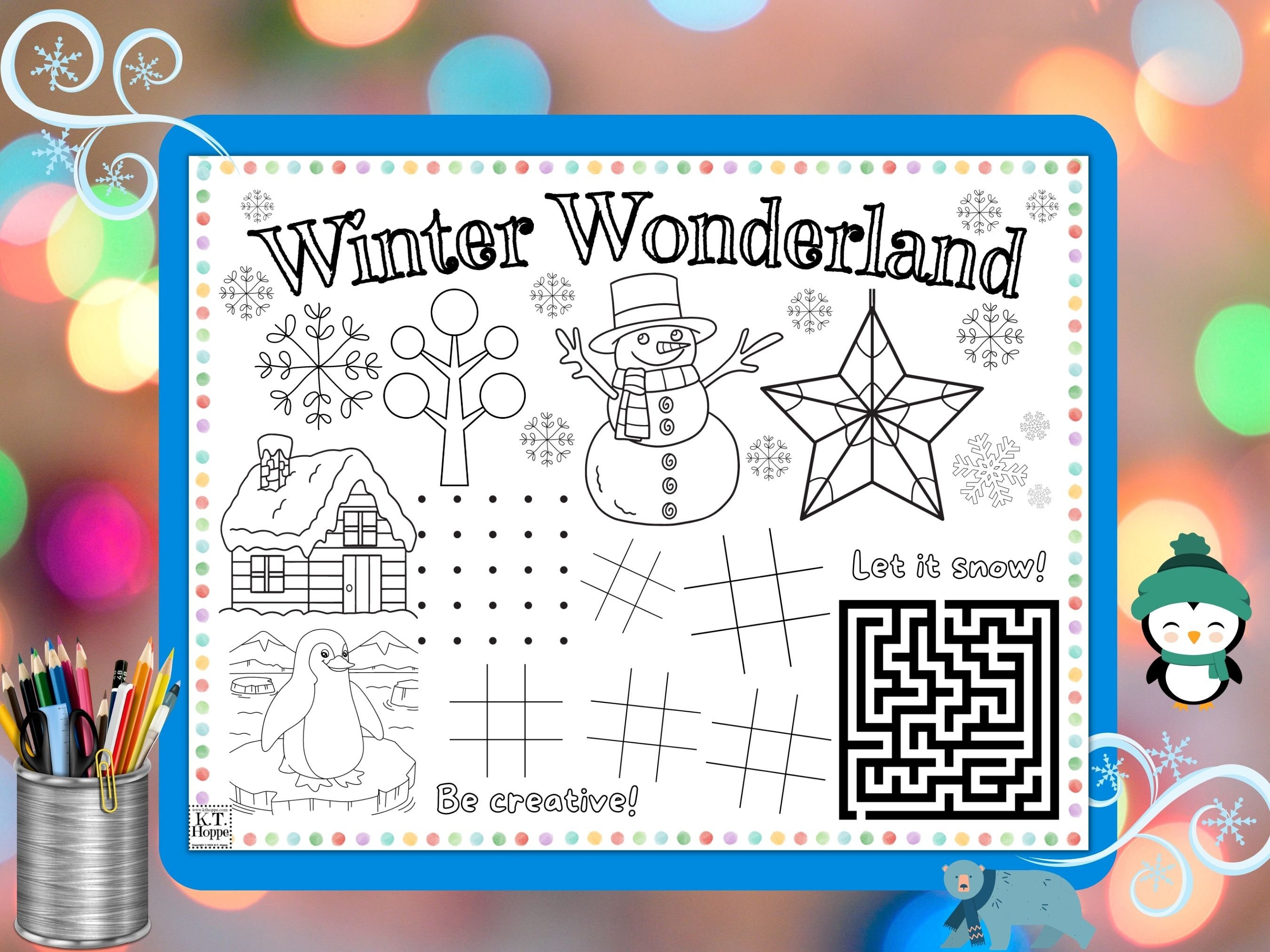 Winter Coloring Placemat, Christmas Party Coloring Page, Kids Activity ...