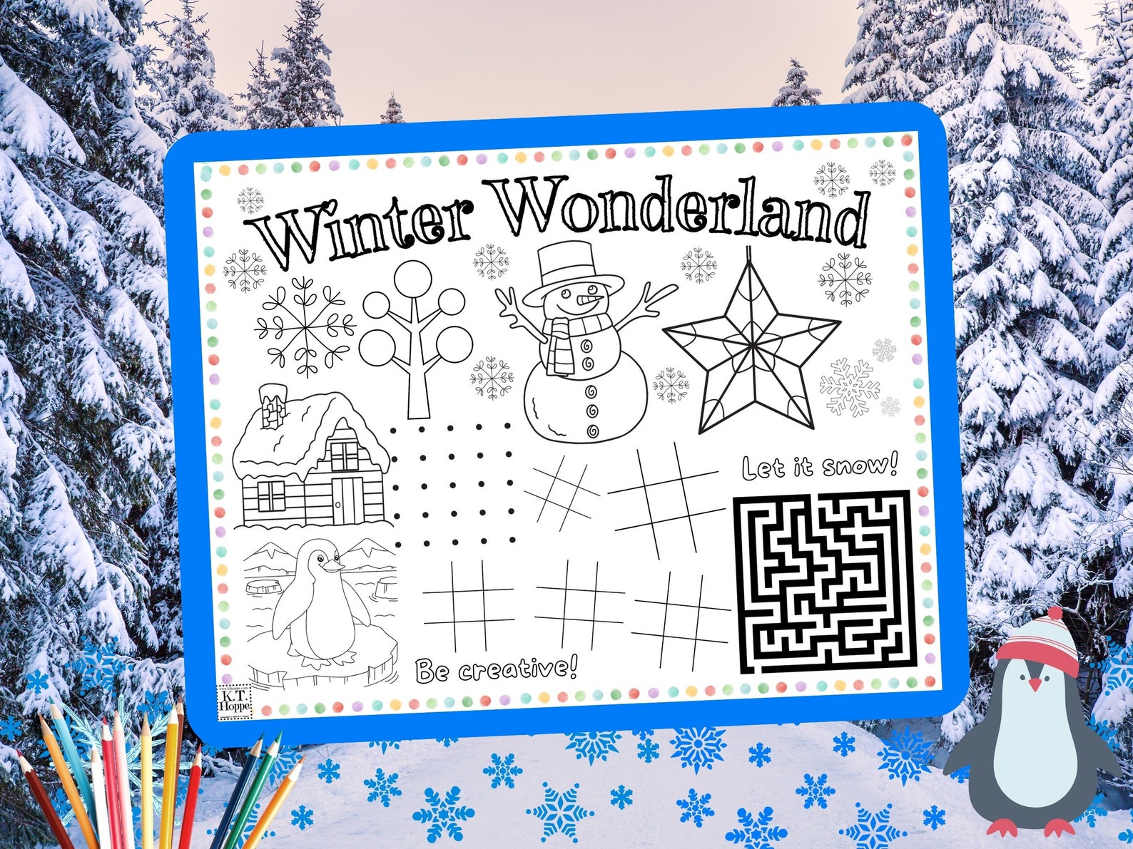 Winter Coloring Placemat, Christmas Party Coloring Page, Kids Activity ...