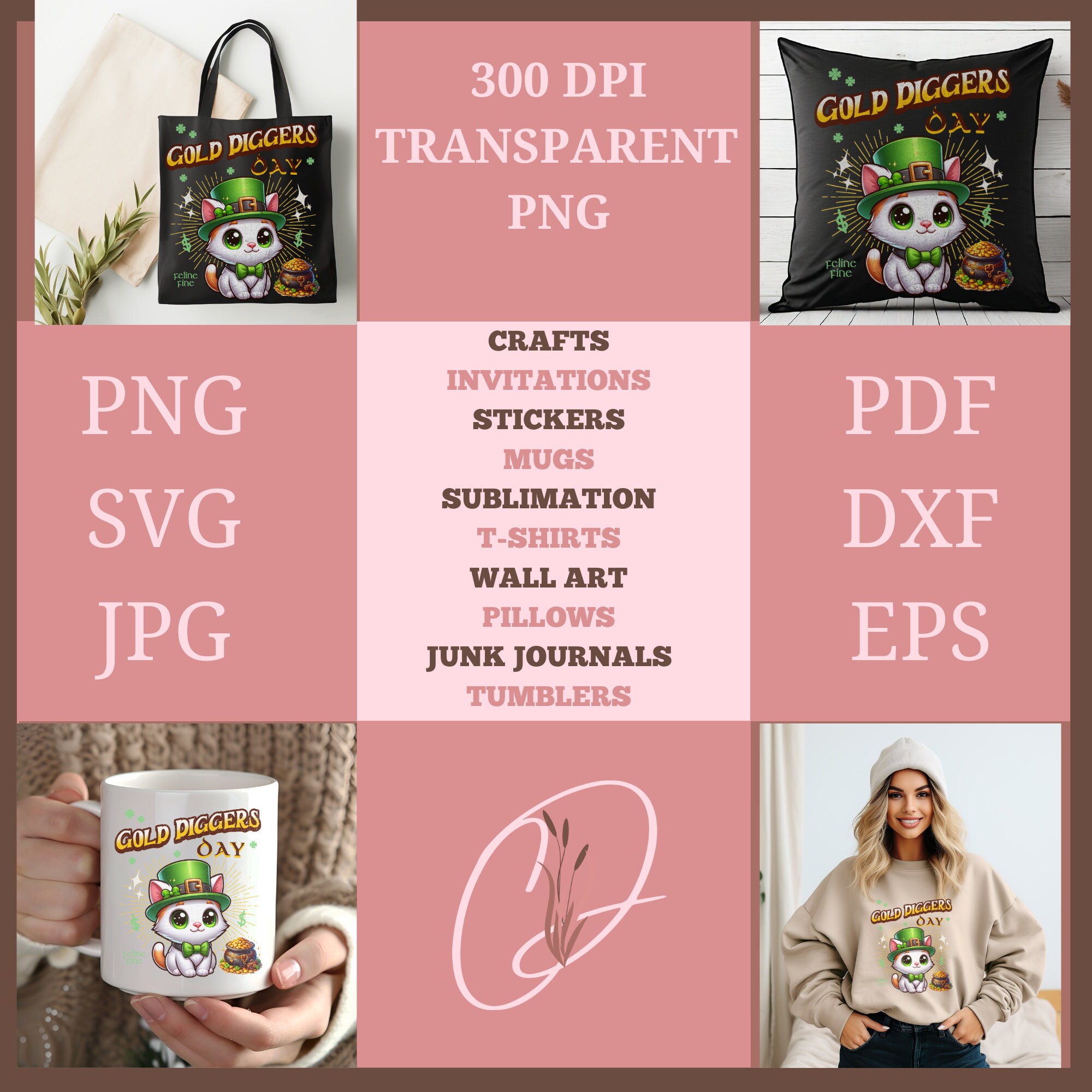 St. Patrick's Day Cute Cat Clipart, Cartoon Kitten, Gold Diggers Day ...