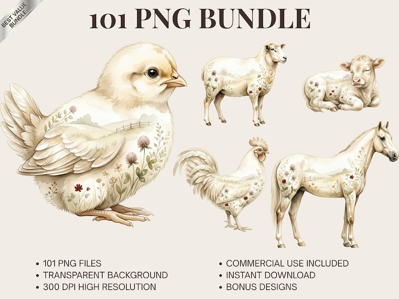 Farm Animals 101 Watercolor PNG Bundle | Baby Animal Clipart Commercial ...