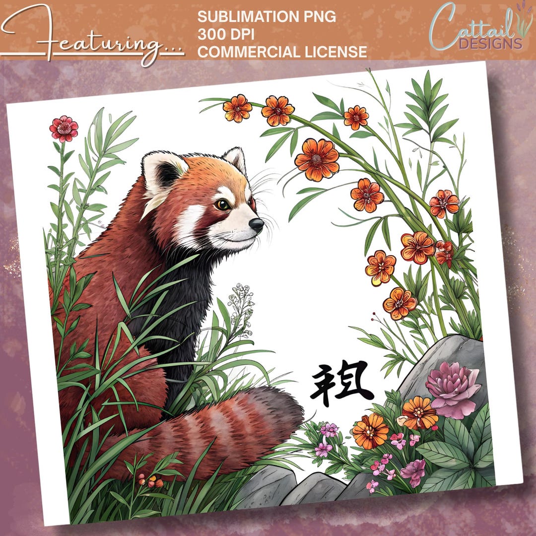 Red Panda PNG: Floral Asian Clipart With Calligraphy (300 DPI Digital ...