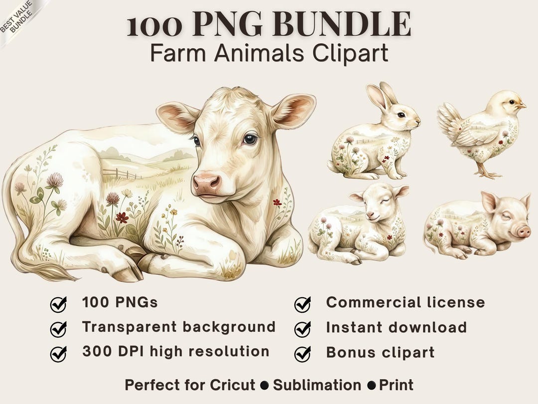 Farm Animals 101 Watercolor PNG Bundle | Baby Animal Clipart Commercial ...