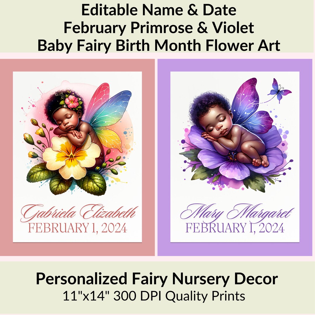 Custom Birth Month February Primrose & Violet Flower Art Editable Fairy ...