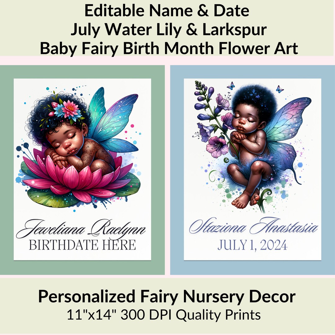Personalized Birth Month July Water Lily & Larkspur Flower Art With ...