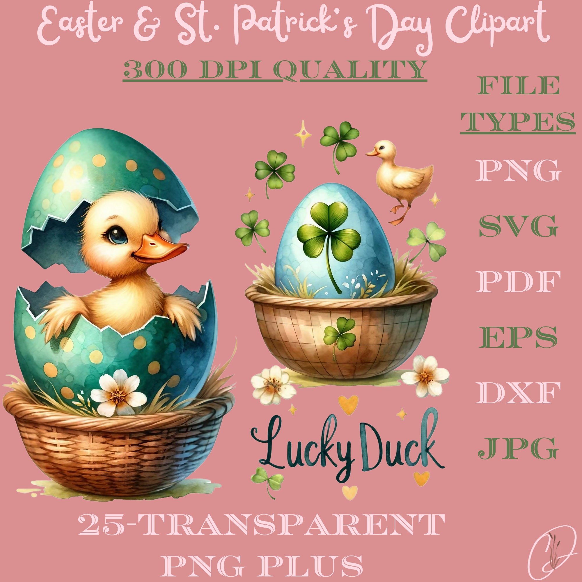Lucky Duck Easter Clipart Set, Charming Duckling & Clover Designs for ...
