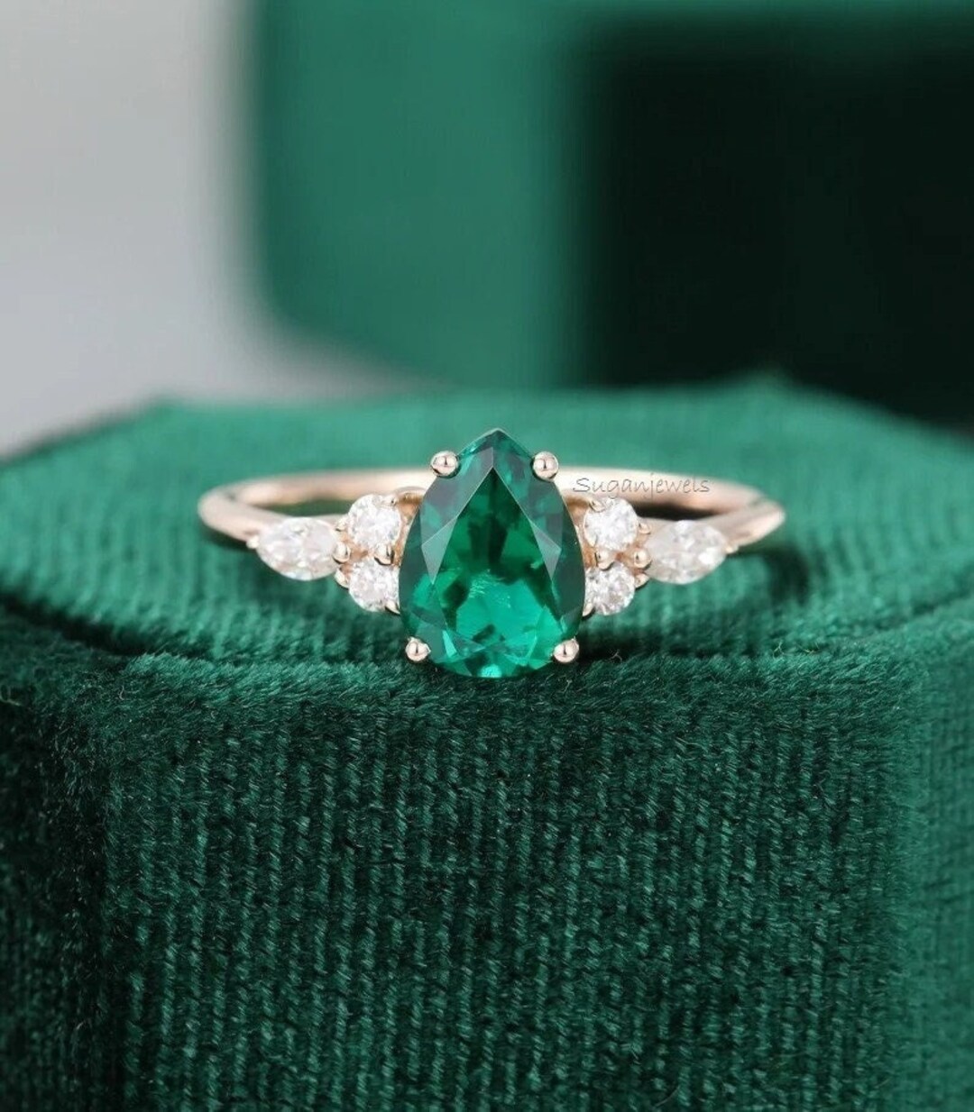 Pear Emerald Engagement Ring: Vintage Rose Gold Teardrop Promise Ring ...