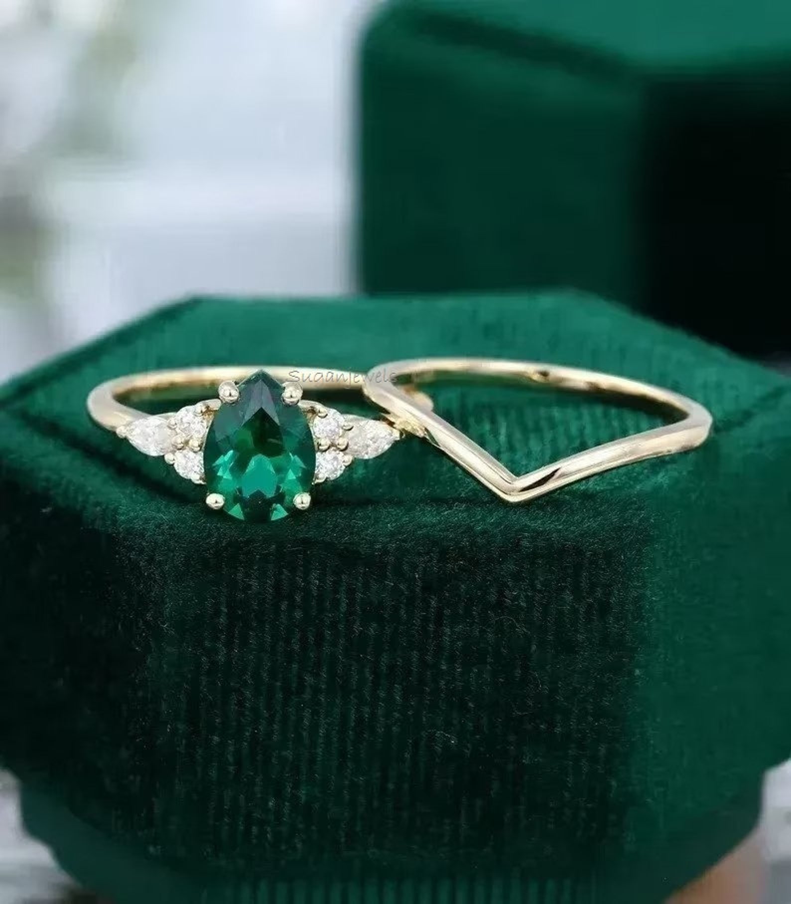 Green Emerald Engagement Ring Set Yellow Gold Emerald Ring Vintage ...