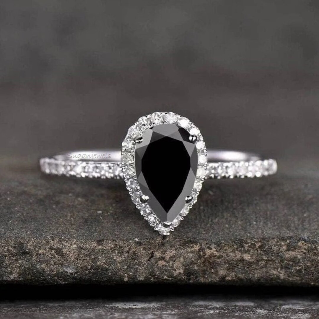 Pear Cut Black Spinel Engagement Ring, 14k Gold Black Spinel Ring, Halo ...