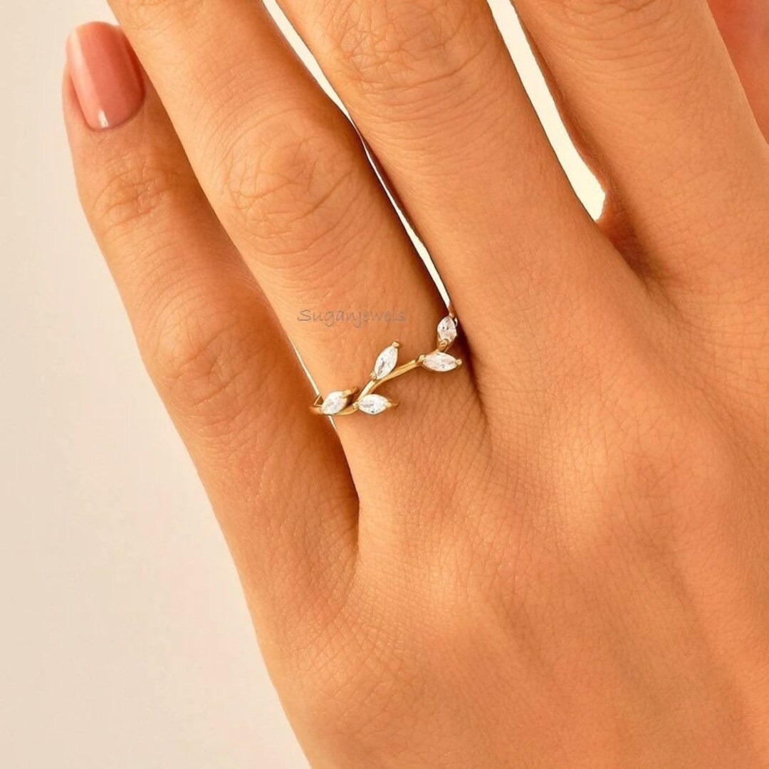 Unique Leaf Ring, 14k Solid Gold Vine Wedding Ring, Diamond Gold Flower ...