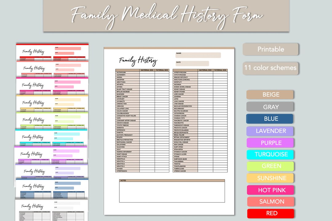 Printable Family Medical History Checklist 11 Color Schemes 84 Family ...