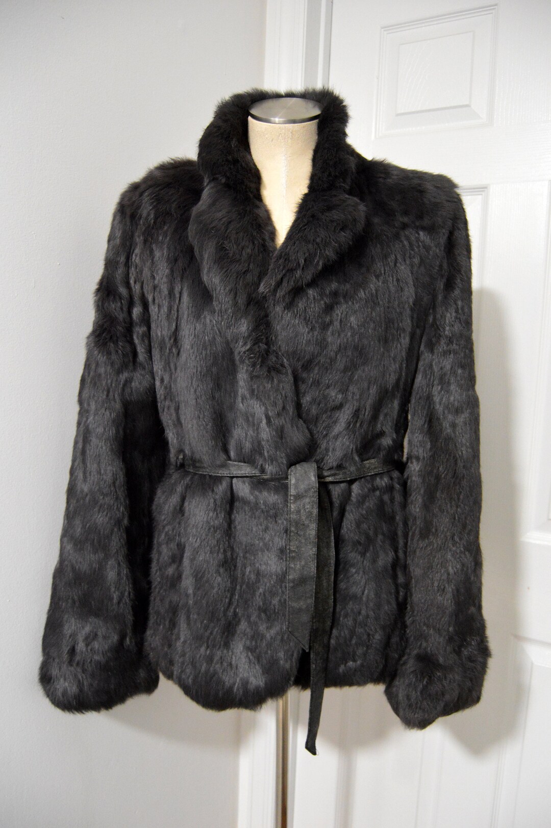 VTG Black Rabbit Fur Coat With Leather Belt (medium) - Etsy
