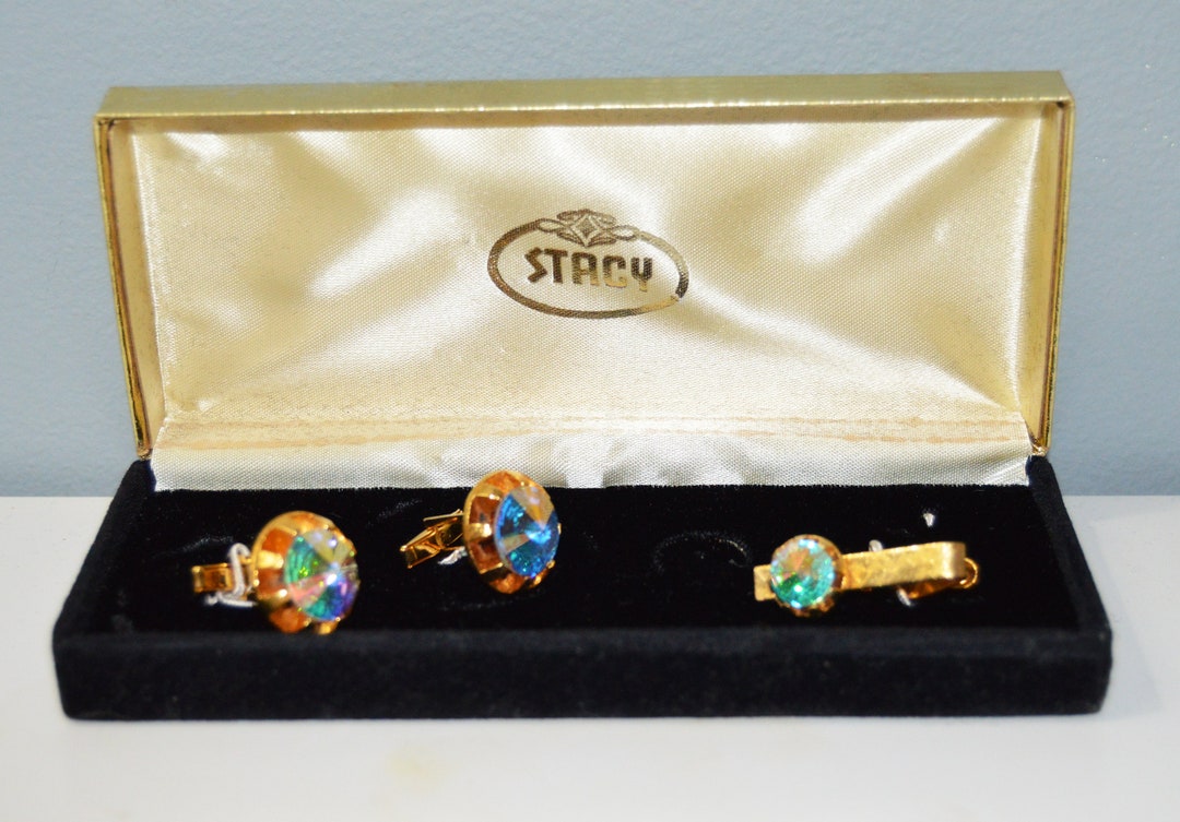 Vintage STACY Gold Tone Iridescent Gem Cuff Links and Tie Clip Set - Timeless Elegance for ...
