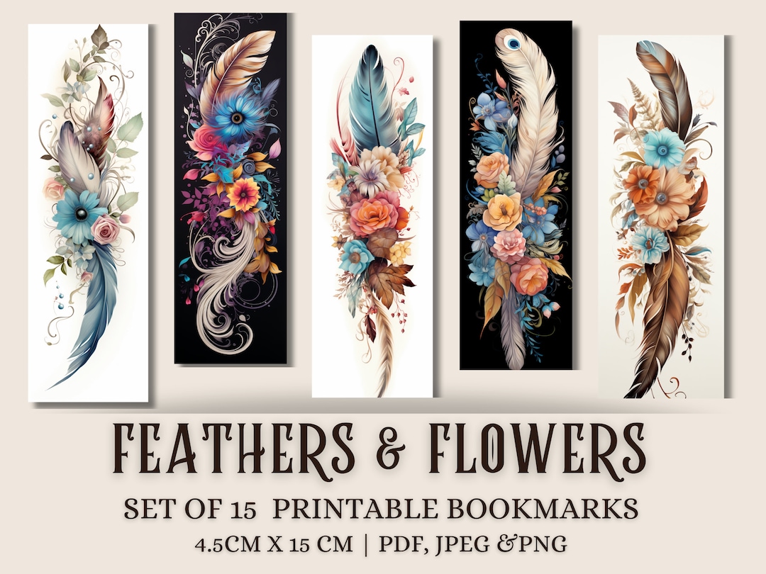 Boho Floral Printable Bookmarks: Feather & Flower Designs (set of 15 ...
