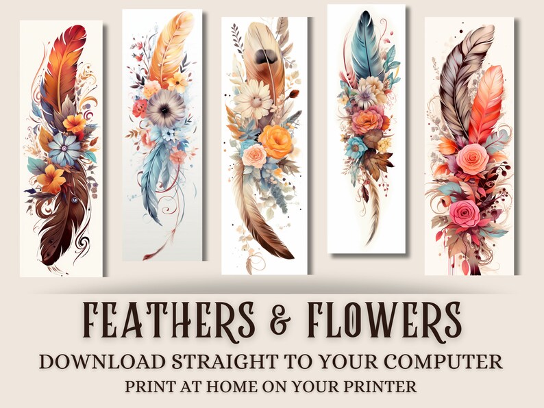 Boho Floral Printable Bookmarks: Feather & Flower Designs (set of 15 ...