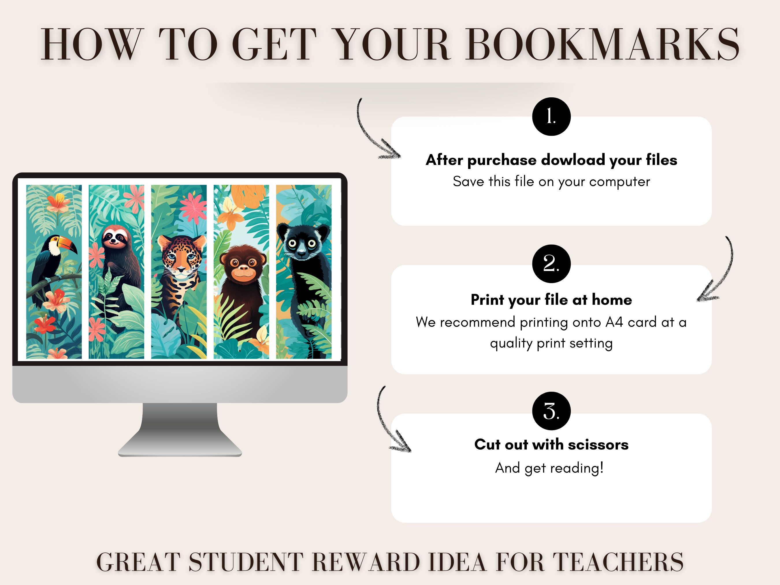 Jungle Animal Printable Bookmark | Cute Animals Bookmark | Bookmarks ...