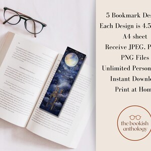 Set of 5 Watercolor Starry Night Bookmark Printable Night Sky Bookmark ...