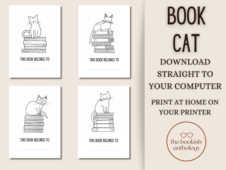 Cute Cat Printable Book Plates Book Stack Cat Book Plate Cat Lover Book ...