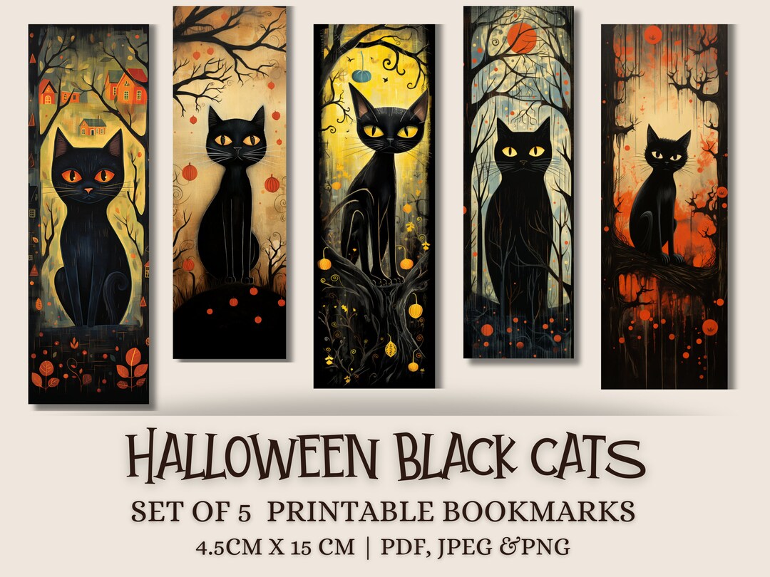 Halloween Black Cat Bookmarks, Witchy Designs, Printable Bookmarks for ...