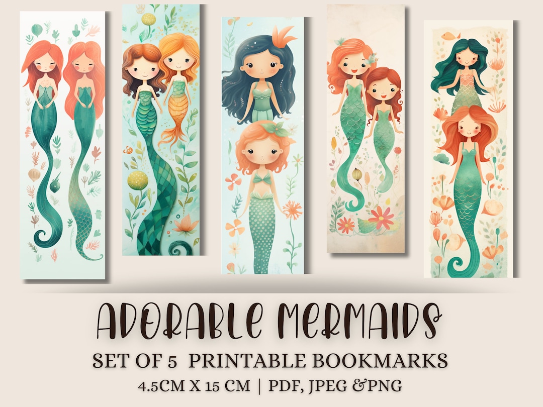5 Cute Mermaid Printable Bookmarks | Printable Fantasy Bookmark for ...
