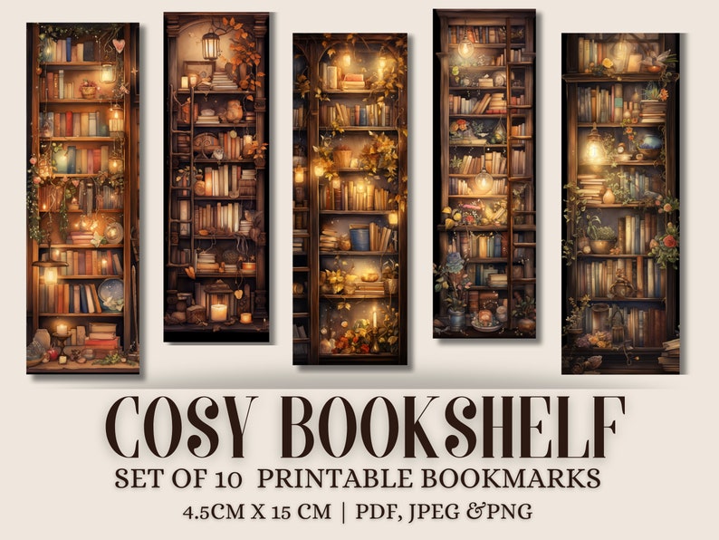 Set of 10 Cozy Bookmarks Printable Bookshelf Bookmark for Bookworm ...