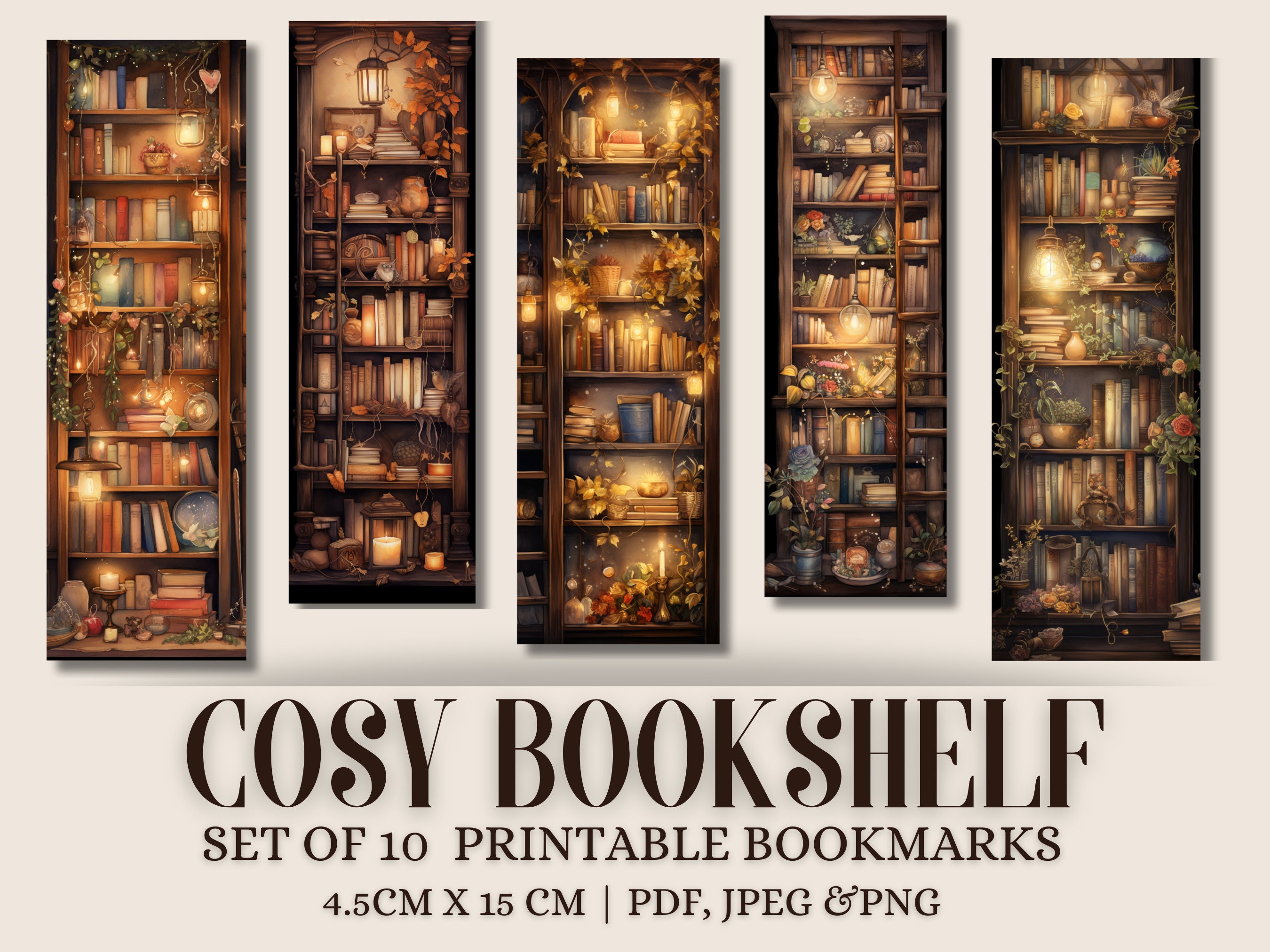 Set of 10 Cozy Bookmarks Printable Bookshelf Bookmark for Bookworm ...