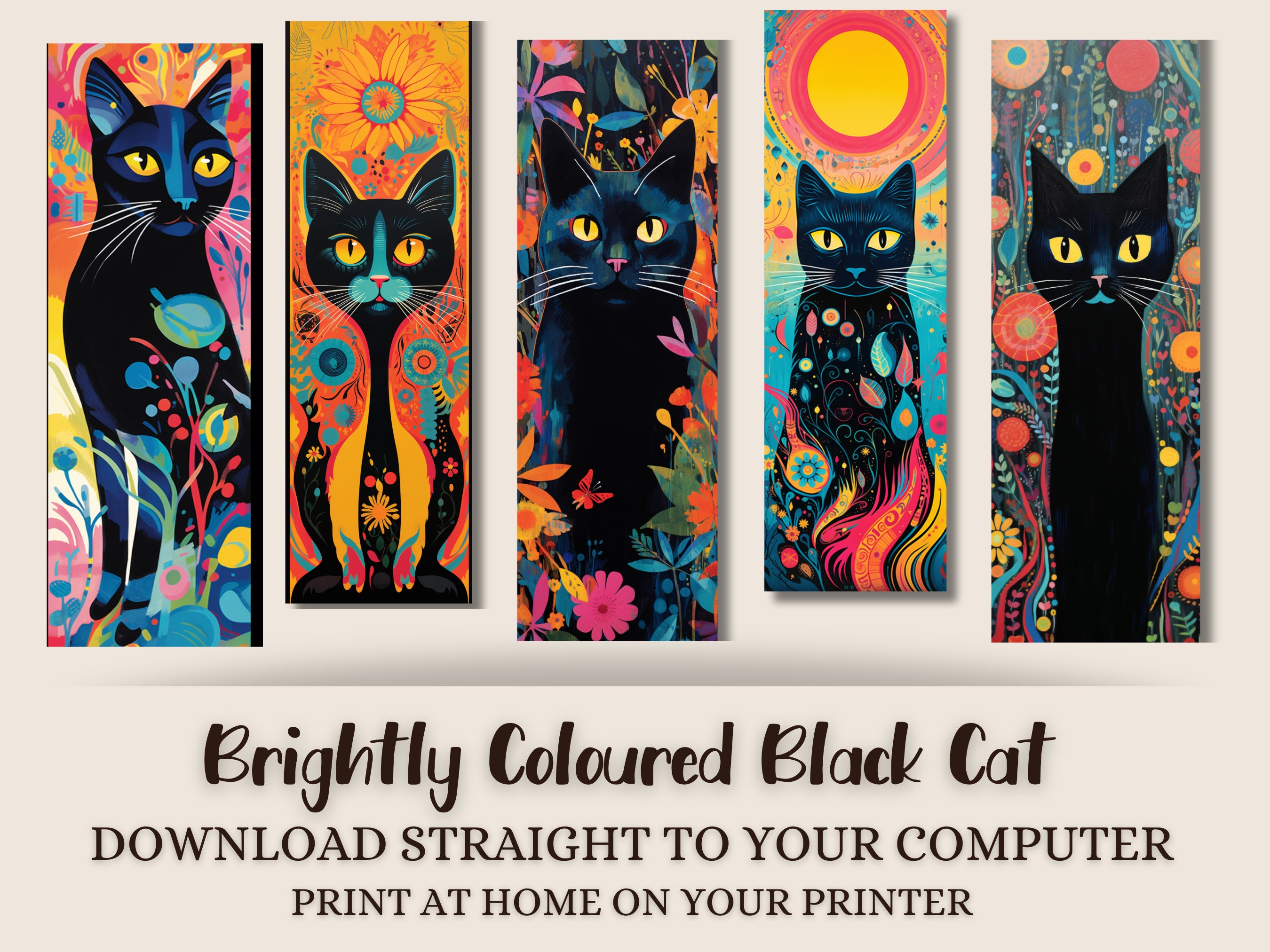 5 Black Cat Printable Bookmarks | Colourful Cat Bookmark | Cute Cat ...